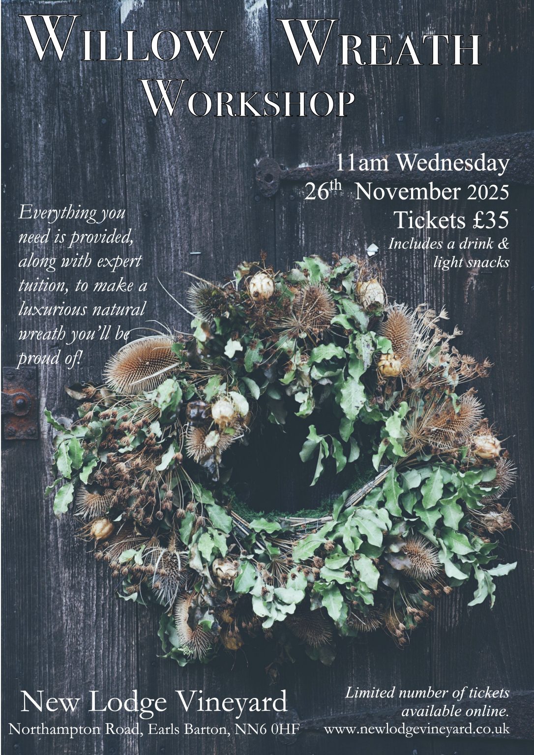 Willow Wreathmaking Experience – 26th November 2025 – New Lodge Vineyard